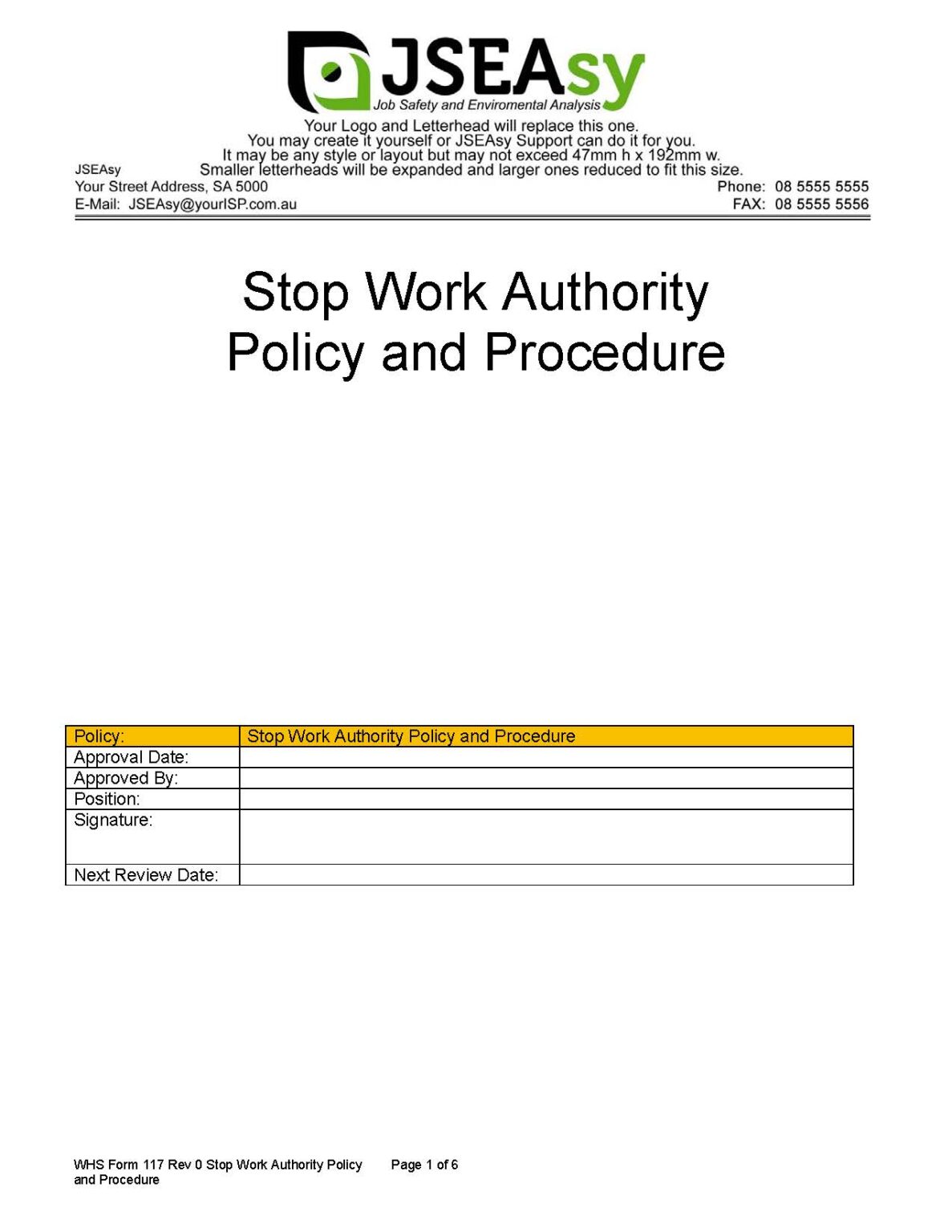 Stop Work Authority Policy and Procedure - JSEAsy - Australia