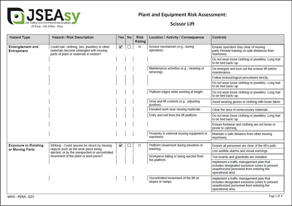 Scissor lift Plant and Equipment Risk Assessment (PERA)