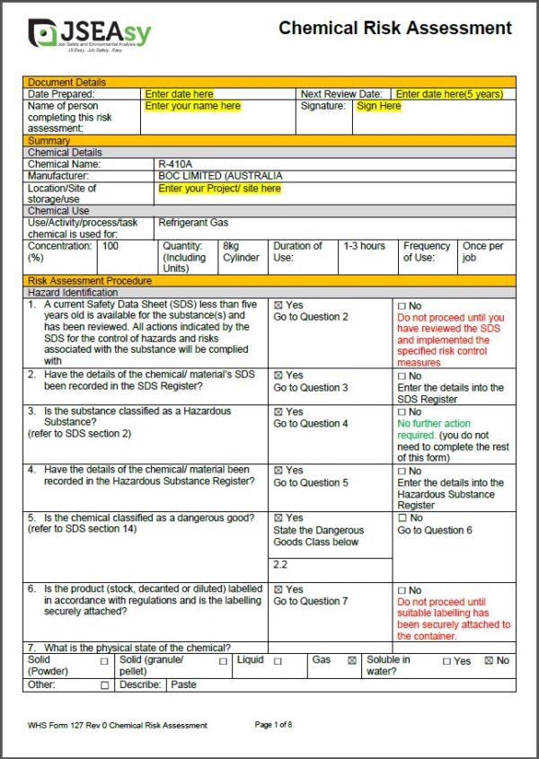Refrigerant Gas R-410A Chemical Risk Assessment - JSEAsy - Australia