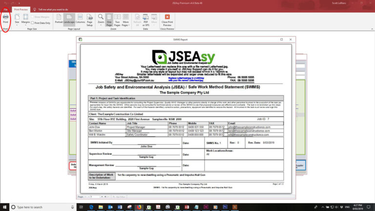 Preview Print SWMS - JSEAsy